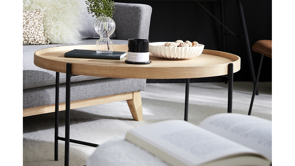 Runder Couchtisch aus hellem Holz und schwarzem Metall D90 cm BASSY ...